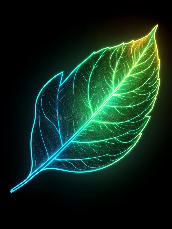 A Neon Leaf Glowing in Vibrant Colors on a Dark Background. Stock Photo ...