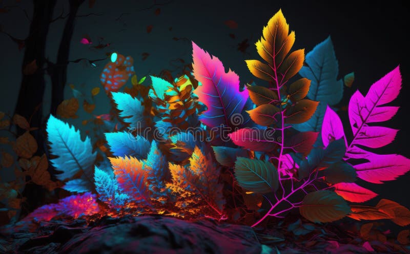 Neon Leaves in the Dark. Created by Generative Artificial Intelligence ...