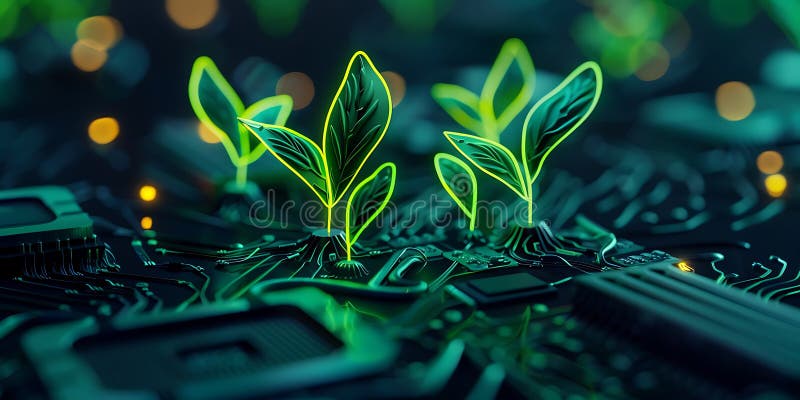 Neon Leaves Growing from a Processor, Illustrating the Fusion of Nature ...