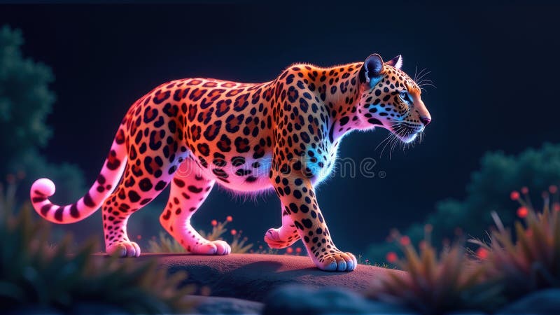 Neon Leopard at Night stock illustration. Illustration of glow - 351970170