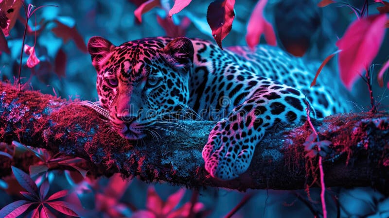 A Neon Leopard Resting on a Neon Tree Branch Its Neon Spots Blending in ...