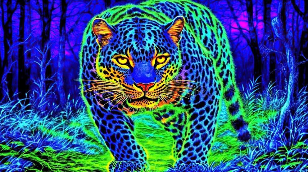 Neon Leopard Stalking Night Forest, Psychedelic Art Print Stock Image ...