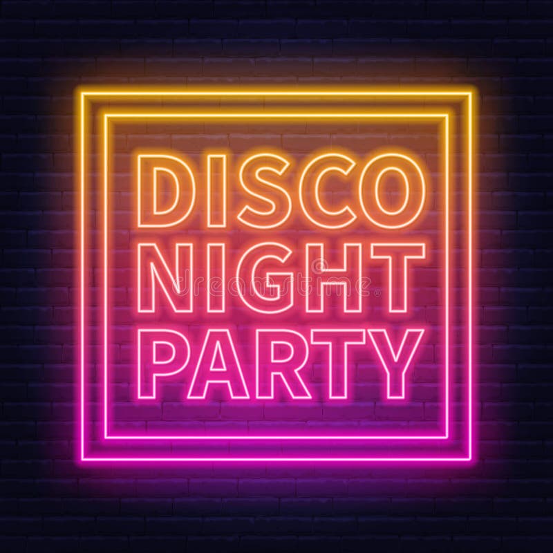 Neon Lettering Disco Night Party On Brick Wall Background Stock Vector
