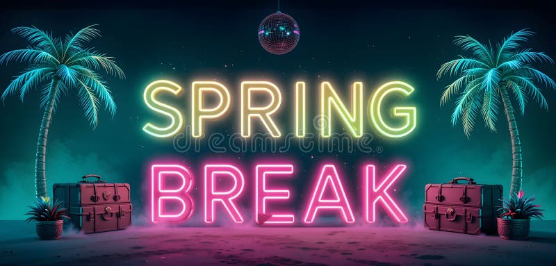 Neon Letters Reading "SPRING BREAK" Illuminate the Scene. Stock Photo ...