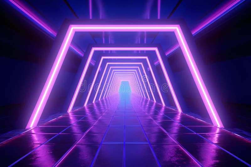 Neon Light Abstract Background. Trapezoid Tunnel or Corridor Violet ...