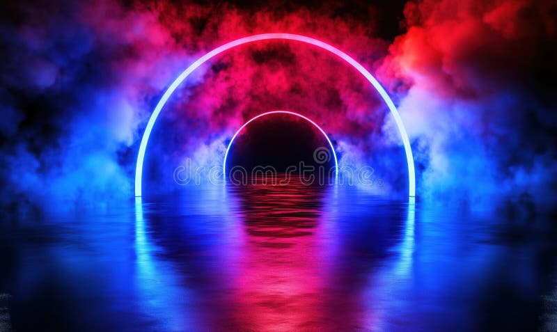 Neon Light Arches in Colorful Fog Over Reflective Water Surface at ...