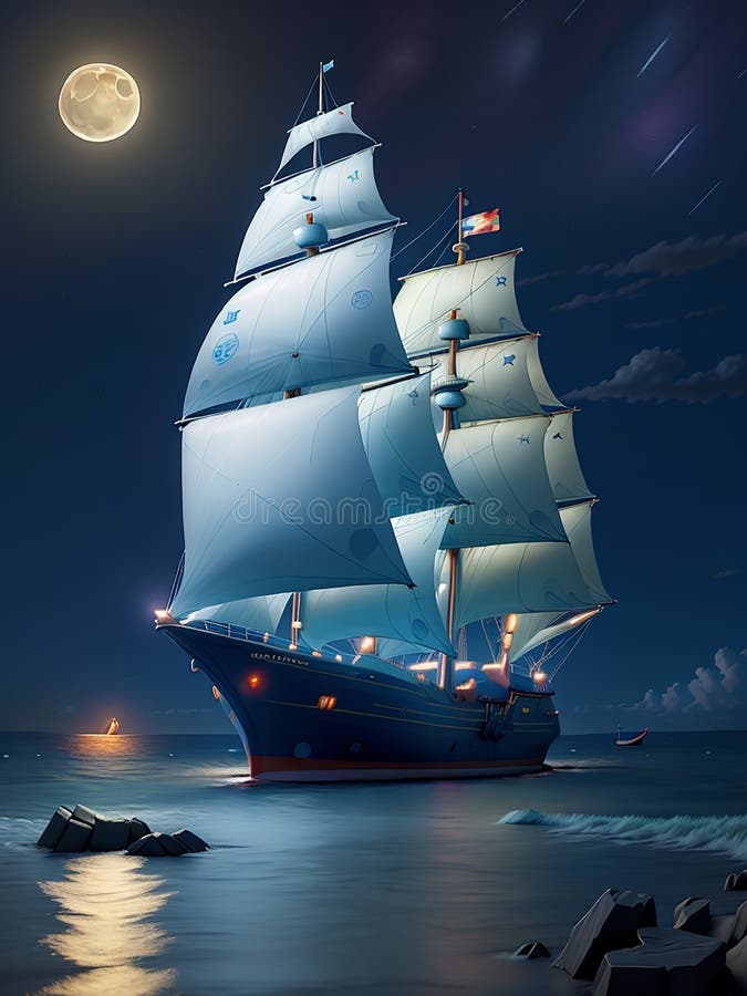 Neon Light Art, a Ship in the Dark of Night Stock Illustration ...