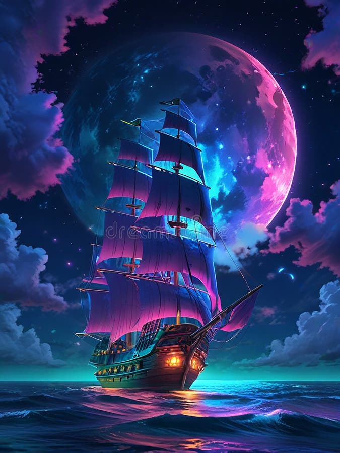 Neon Light Art, a Ship in the Dark of Night Stock Illustration ...