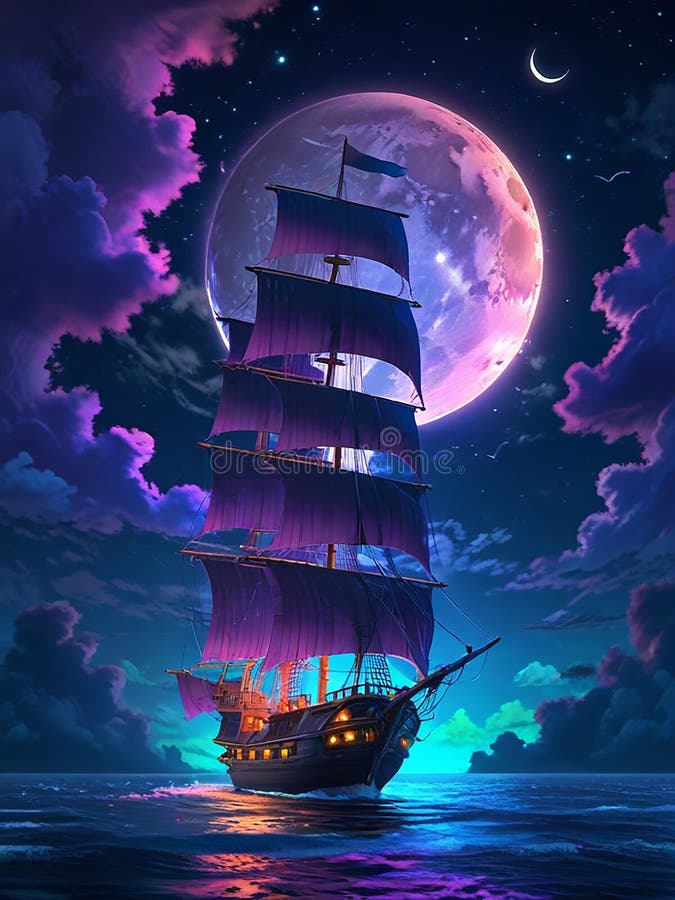 Neon Light Art, a Ship in the Dark of Night Stock Illustration ...