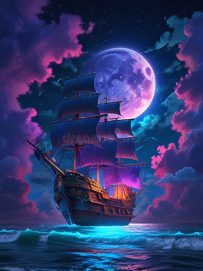 Neon Light Art, a Ship in the Dark of Night Stock Illustration ...