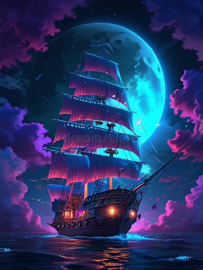Neon Light Art, a Ship in the Dark of Night Stock Illustration ...