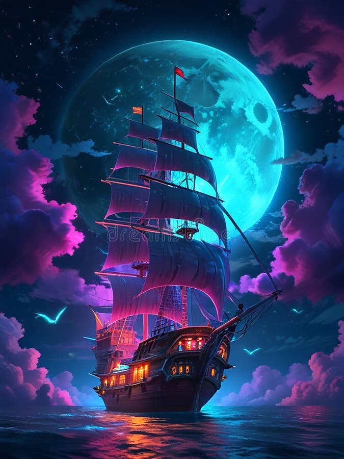 Neon Light Art, a Ship in the Dark of Night Stock Illustration ...