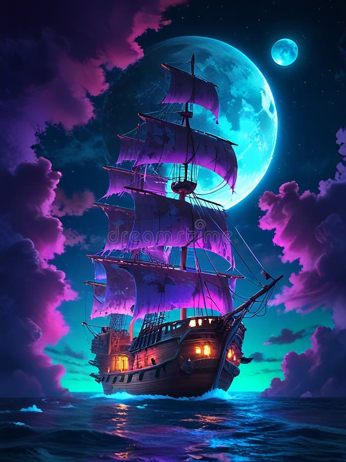 Neon Light Art, a Ship in the Dark of Night Stock Illustration ...
