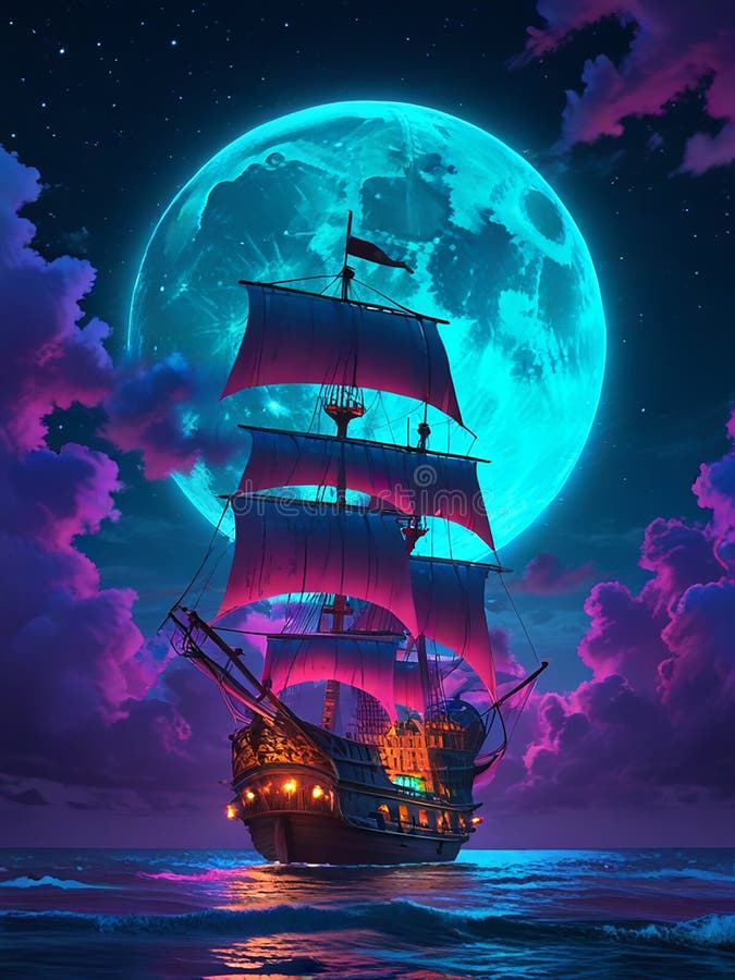 Neon Light Art, a Ship in the Dark of Night Stock Illustration ...