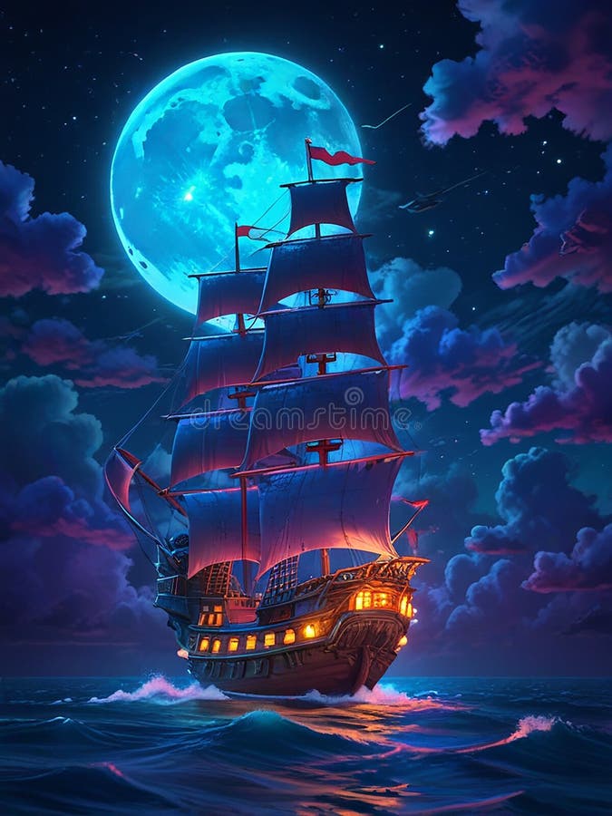 Neon Light Art, a Ship in the Dark of Night Stock Illustration ...