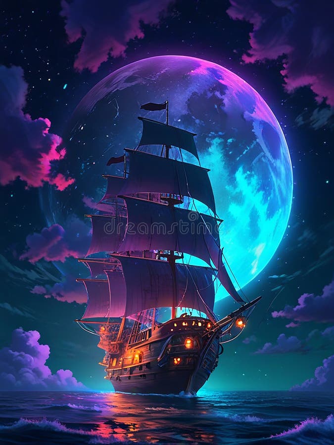 Neon Light Art, a Ship in the Dark of Night Stock Illustration ...