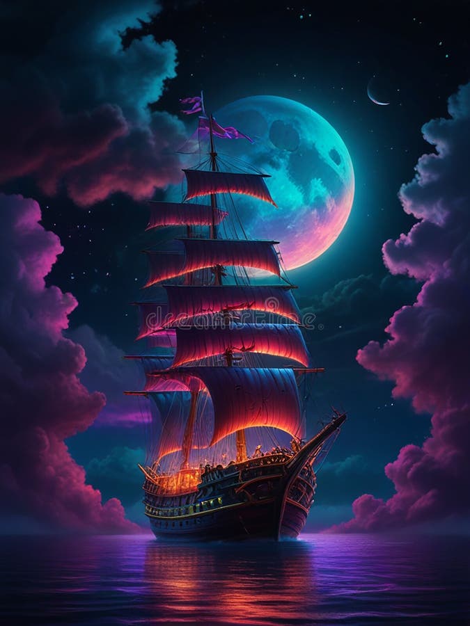 Neon Light Art, a Ship in the Dark of Night Stock Illustration ...