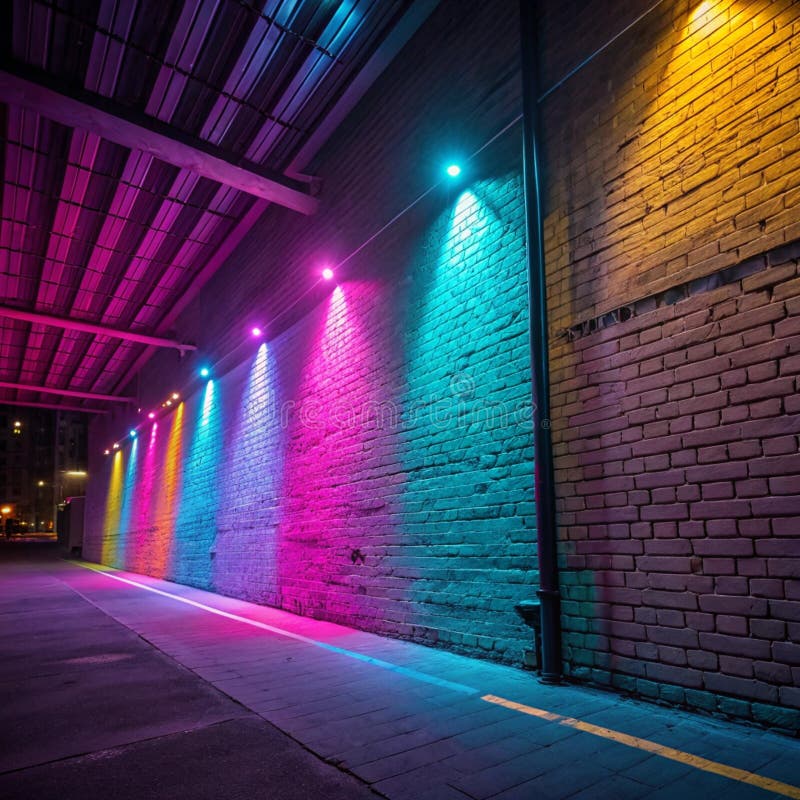 Neon Light on Brick Wall in Empty Studio Stock Illustration ...