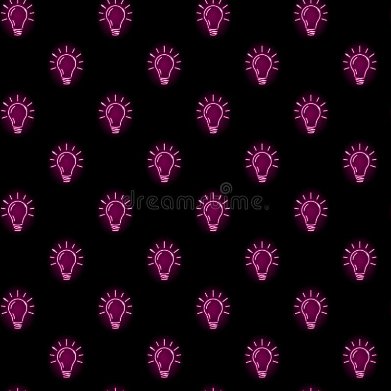 Neon Light Bulbs Seamless Pattern. Pink Icons on Black Background. Idea ...