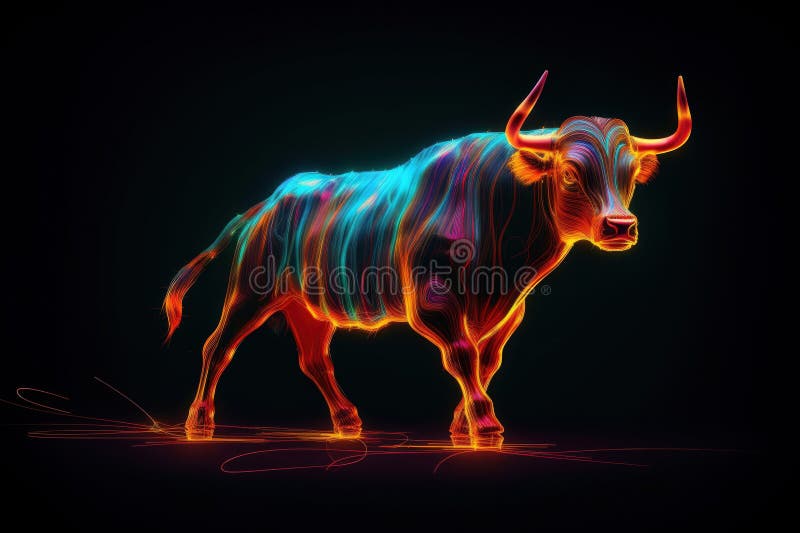 Neon Light Bull in Motion. Generative AI Stock Illustration ...