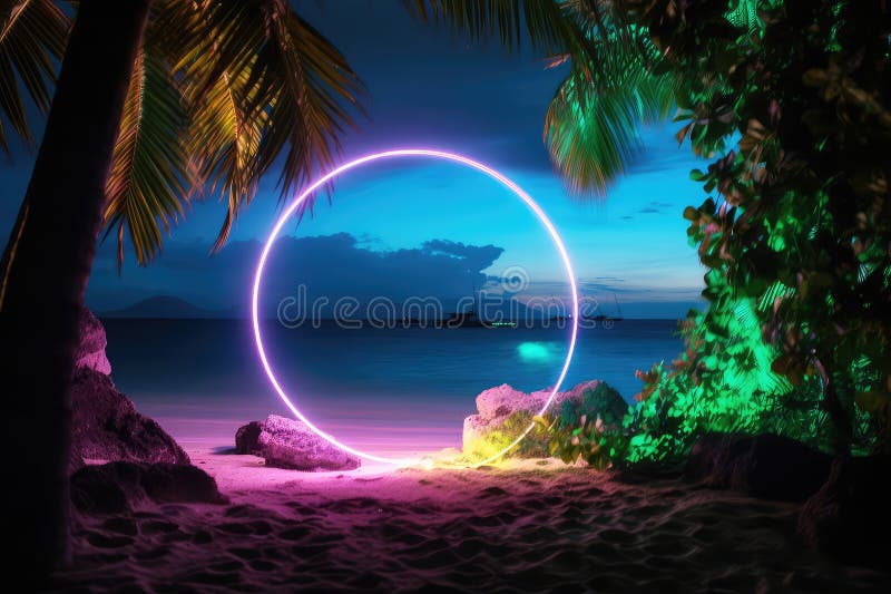 Neon Light Circle on Tropical Beach at Night, Summer Party. Generative ...