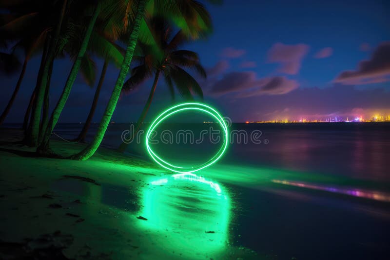 Neon Light Circle on Tropical Beach at Night, Summer Party. Generative ...
