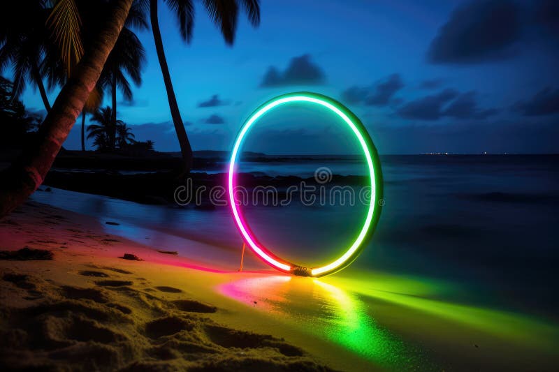 Neon Light Circle on Tropical Beach at Night, Summer Party. Generative ...