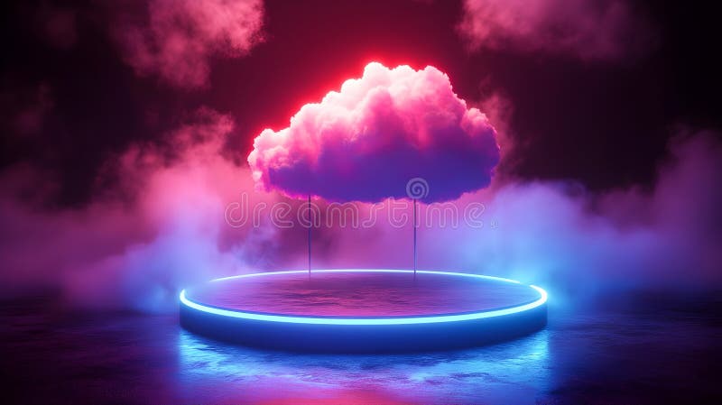 Neon Light Cloud and Platform 3D Render Stock Illustration ...