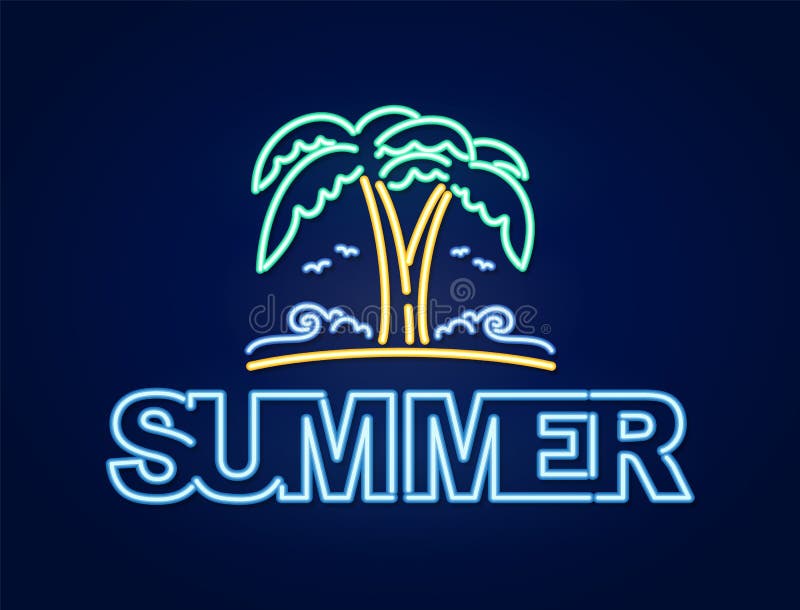 Neon Light 3d Text Composition of Summer with Palm Tree and Beach ...