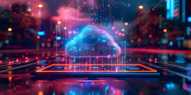 Neon Light Display of Cloud Computing and AI Technology on a Tablet Computer. Concept Neon ...
