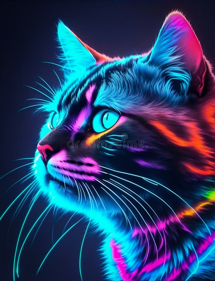 Neon Light Effect Cat with Generative AI Stock Illustration ...