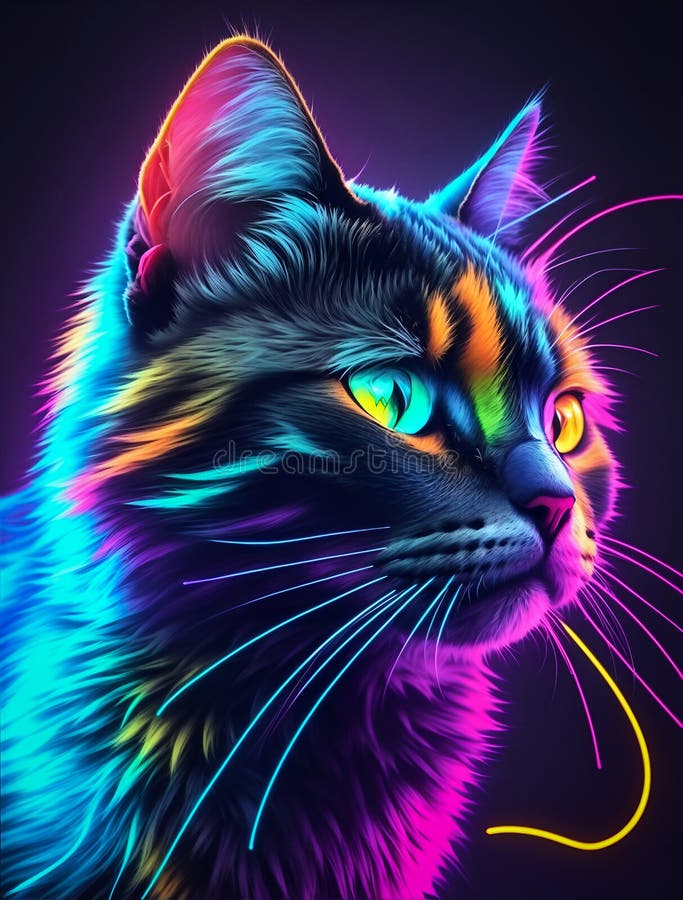 Neon Light Effect Cat with Generative AI Stock Illustration ...