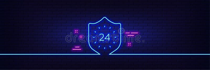 24 Hours Protection Line Icon. Shield Sign. Neon Light Glow Effect ...