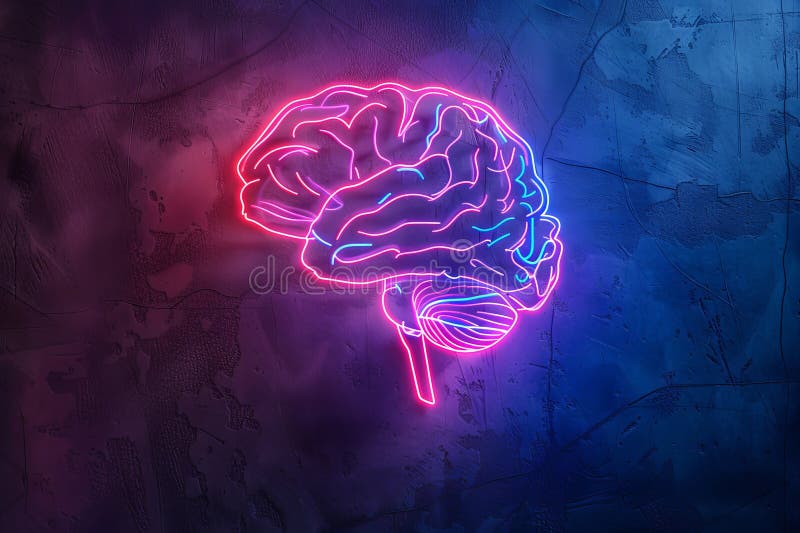 Neon Light Glow Human Brain Line. Generative AI. Stock Illustration ...