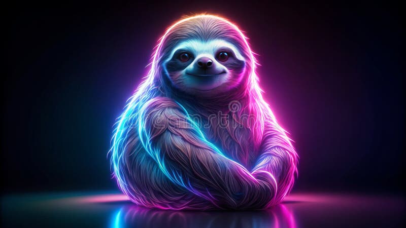 Neon Light Glowing Sloth on Black Background Generative by AI Stock ...