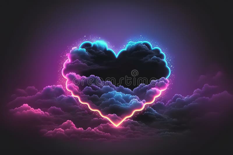 Neon Light Heart Frame Glowing among Soft Clouds. Generative AI Stock ...
