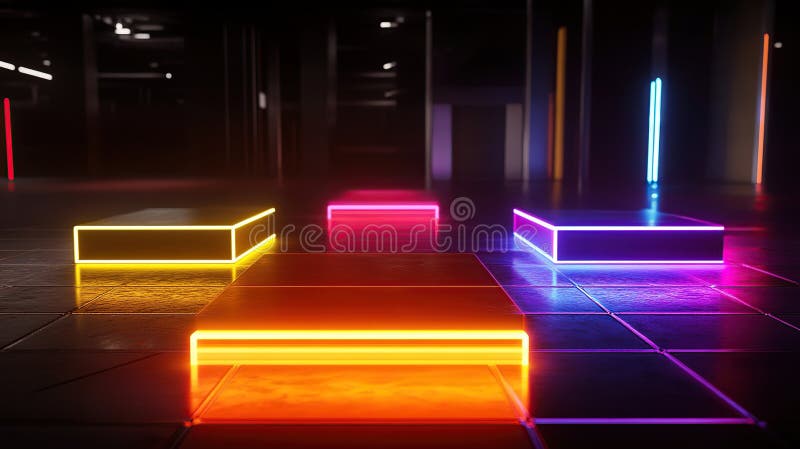 Neon Light Illuminated Platforms in Dark Room Stock Image - Image of ...