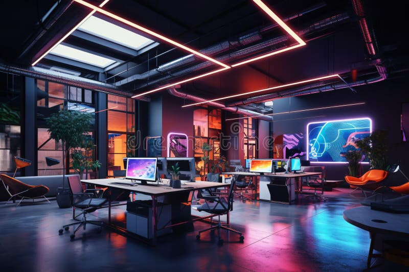 A Neon Light Modern Computer Setup with Monitors Overlooks a City ...