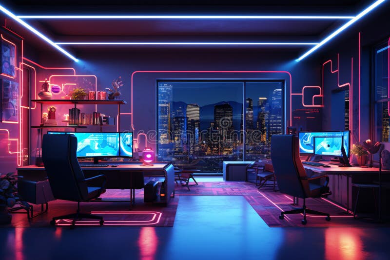 A Neon Light Modern Computer Setup with Monitors Overlooks a City ...