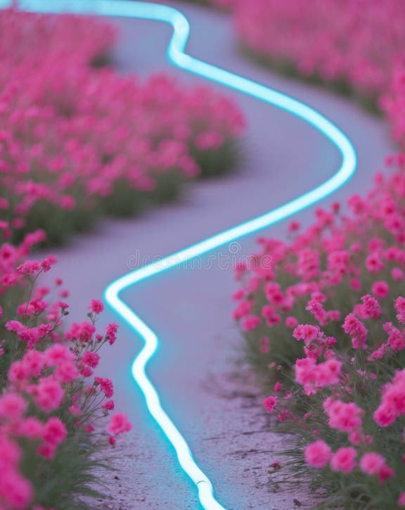 Neon Light Path through Pink Flower Field. Stock Photo - Image of hued ...