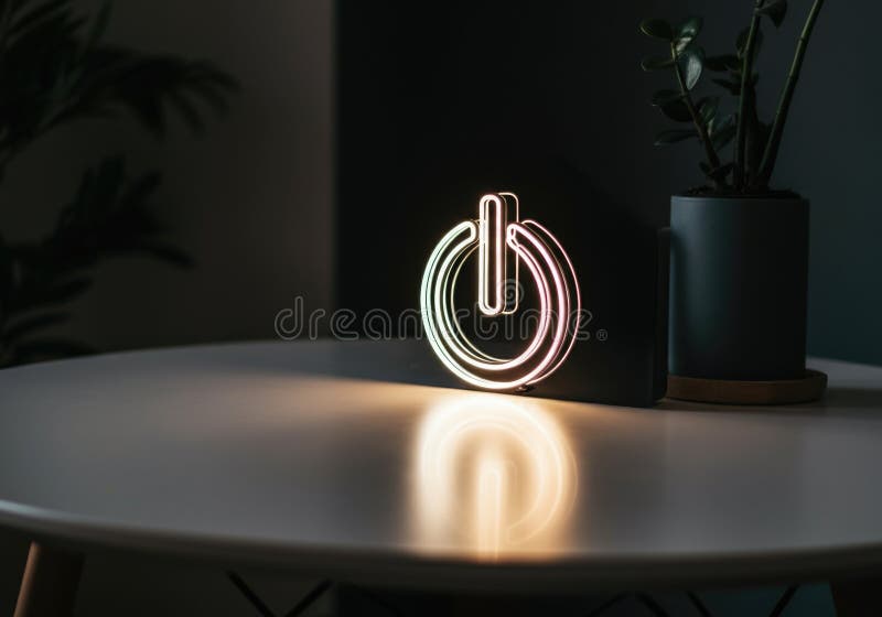Neon Light Power Symbol on Table in Dimly Lit Room with Plants Stock ...