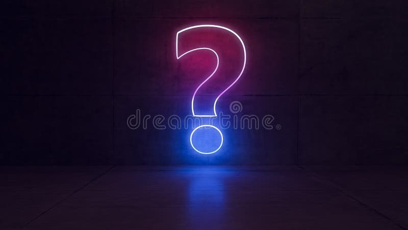 Neon Light Question Marks Concept in Dark Empty Concrete Room 3D ...