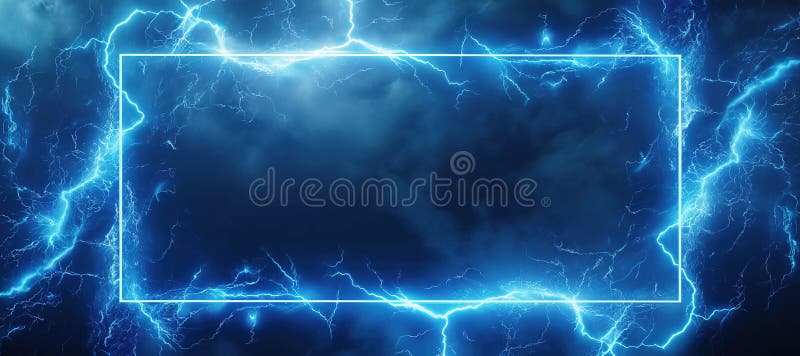 Neon Light Rectangle Box Frame with Electric Blue Lightning and Smoke ...