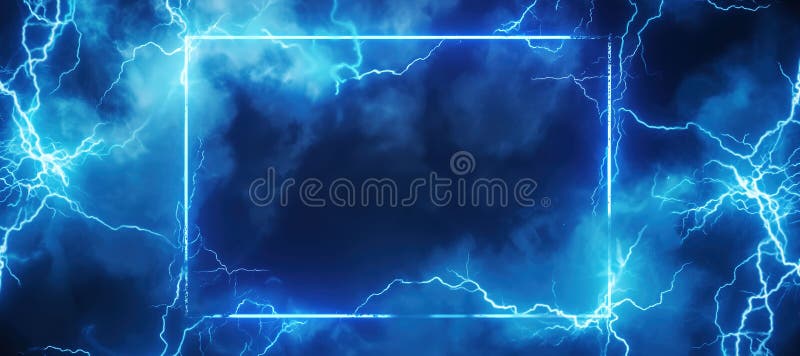 Neon Light Rectangle Box Frame with Electric Blue Lightning and Smoke ...