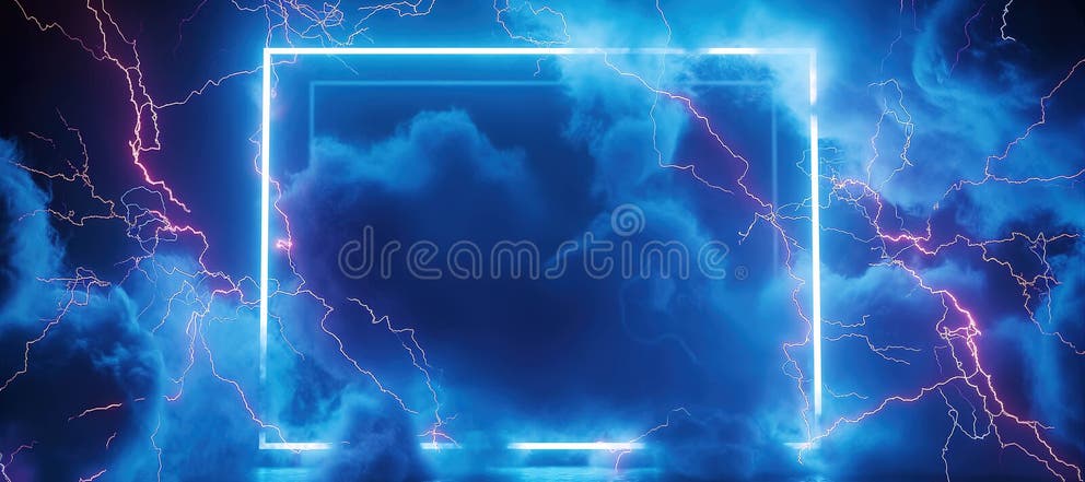 Neon Light Rectangle Box Frame with Electric Blue Lightning and Smoke ...