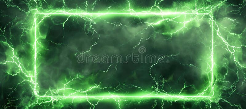 Neon Light Rectangle Box Frame with Electric Green Lightning and Smoke ...