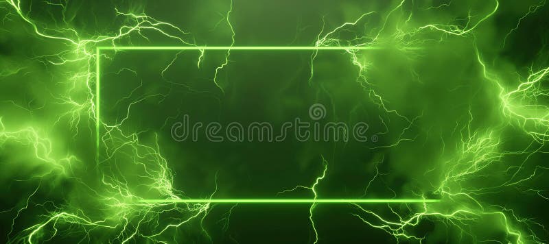 Neon Light Rectangle Box Frame with Electric Green Lightning and Smoke ...