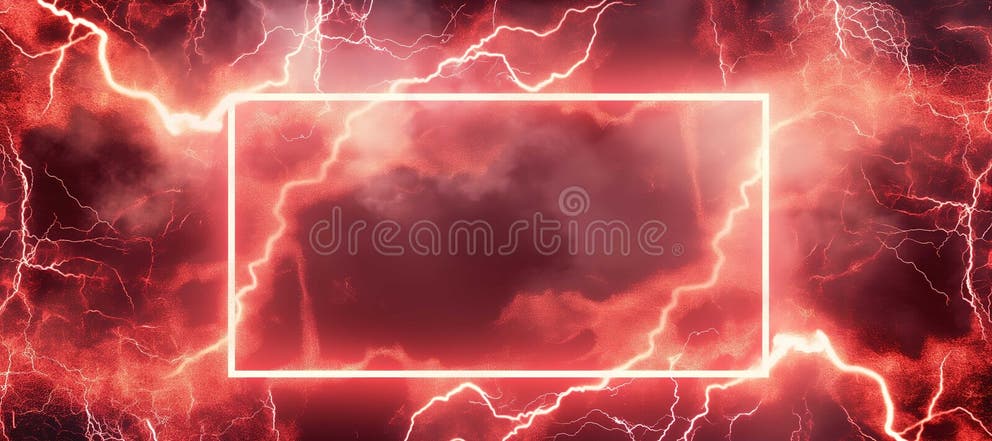 Neon Light Rectangle Box Frame with Electric Red Lightning and Smoke ...
