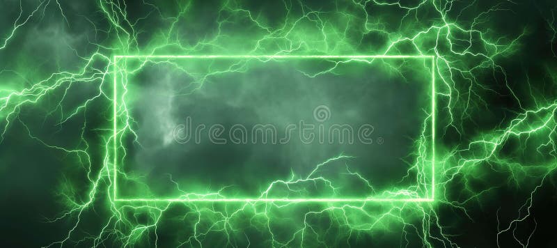 Neon Light Rectangle Box Frame with Electric Green Lightning and Smoke ...