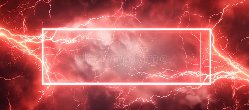 Neon Light Rectangle Box Frame with Electric Red Lightning and Smoke ...